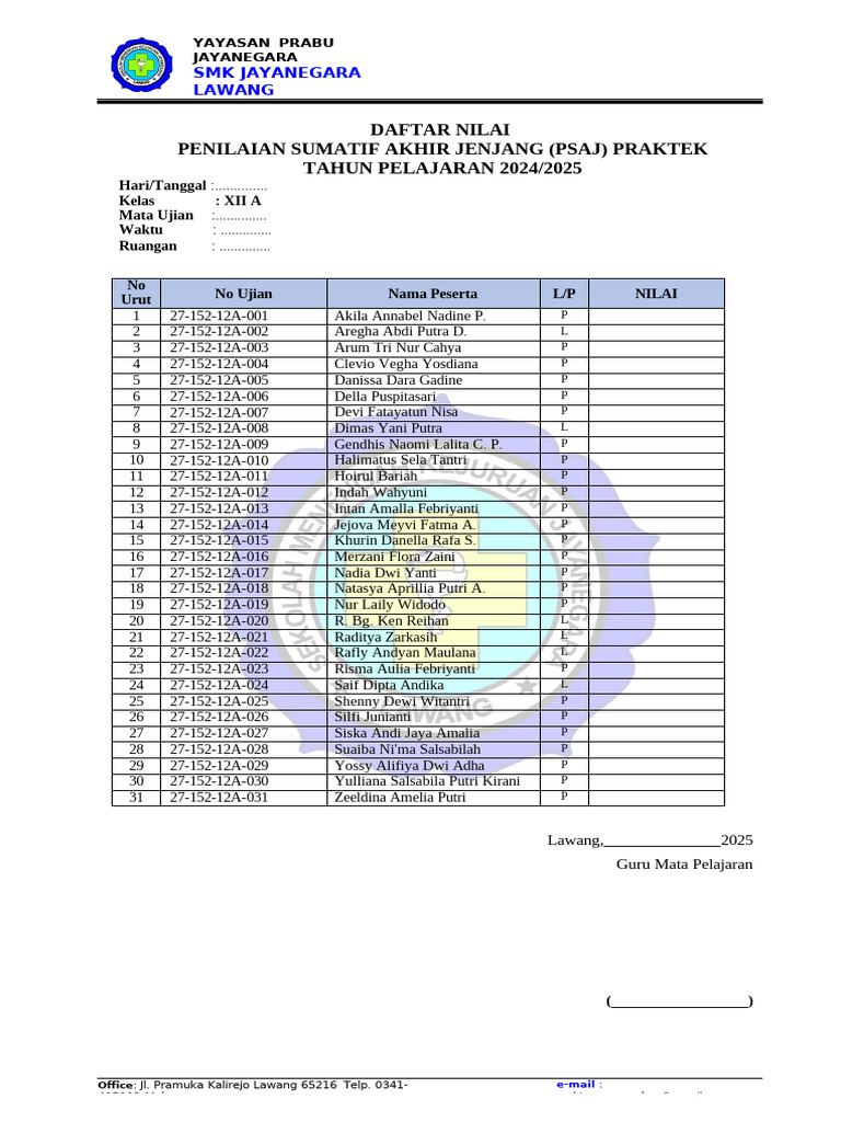 Daftar Nilai Psaj Praktek 2025 | PDF