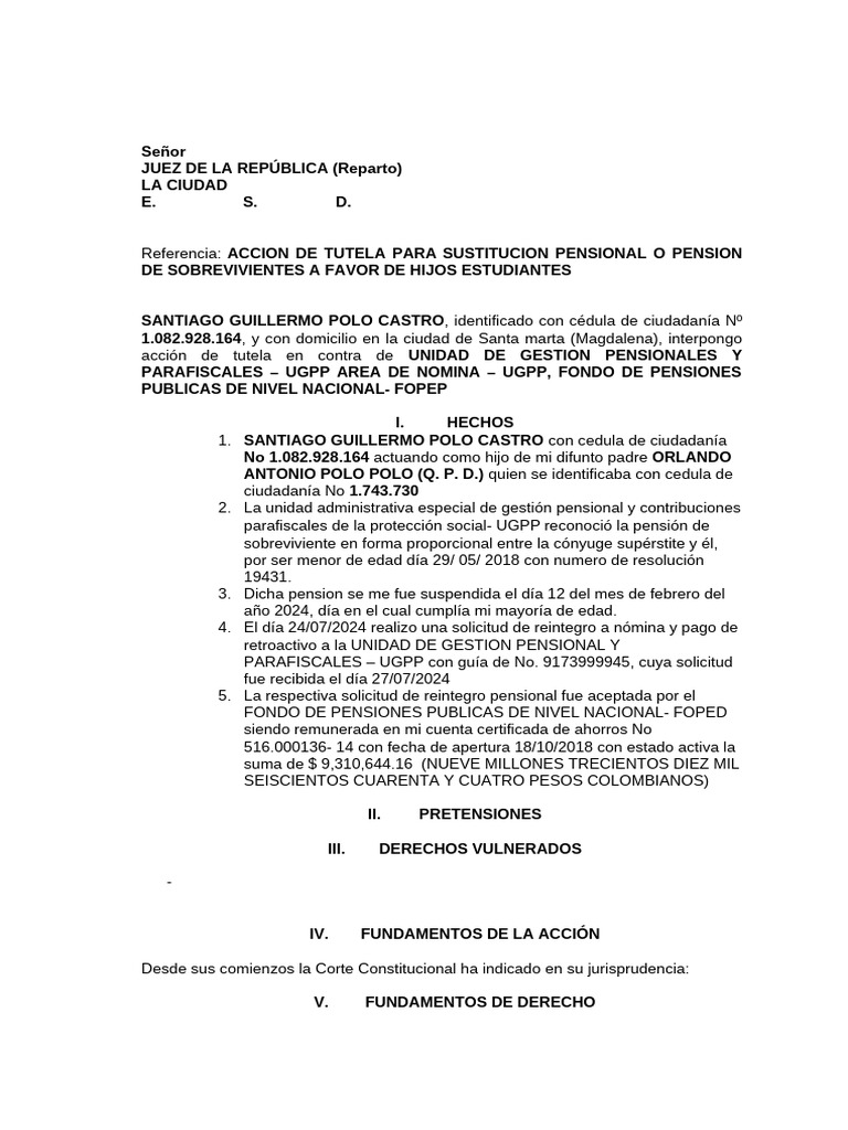 Acción de Tutela Solicitud de Pension Pensional | PDF | Gobierno | Justicia