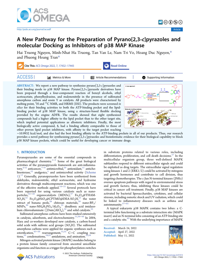 A New Pathway For The Preparation of Pyrano (2,3 C) Pyrazoles Andmolecular Docking As Inhibitors ...