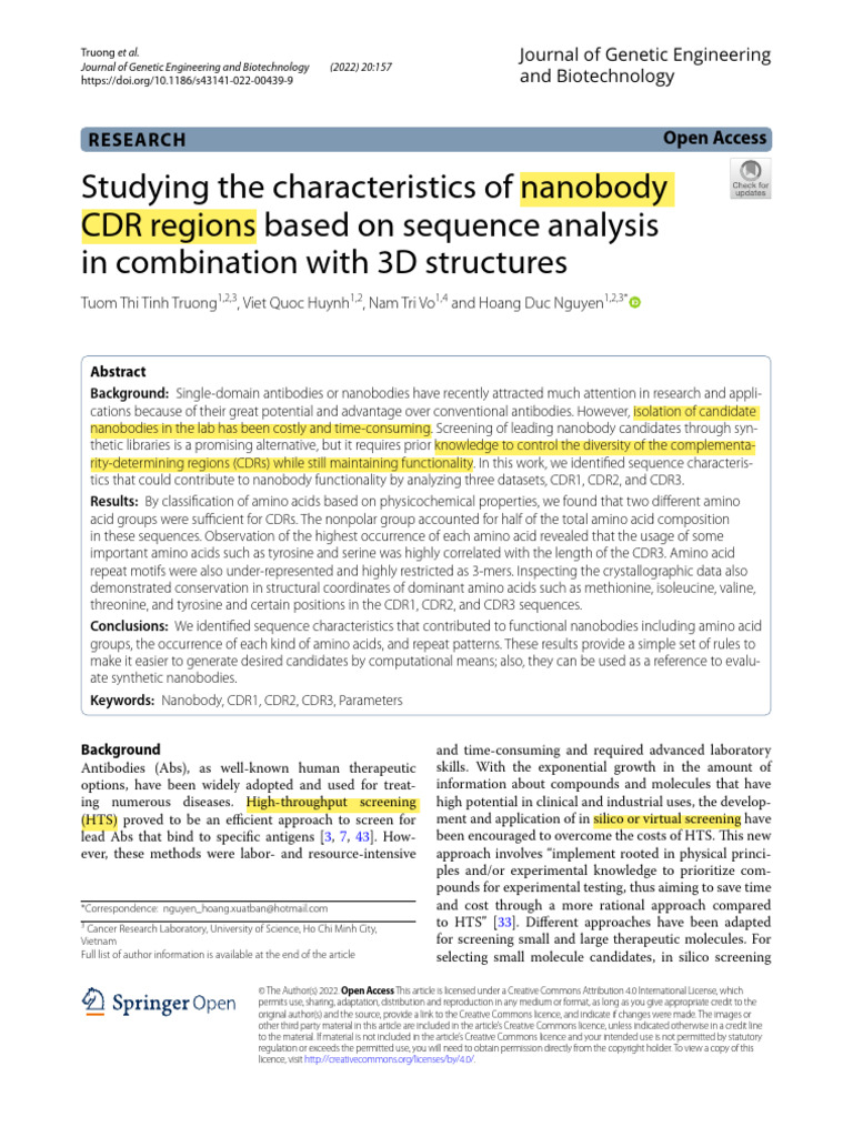 Studying The Characteristics of Nanobody CDR Regions Based On Sequence ...