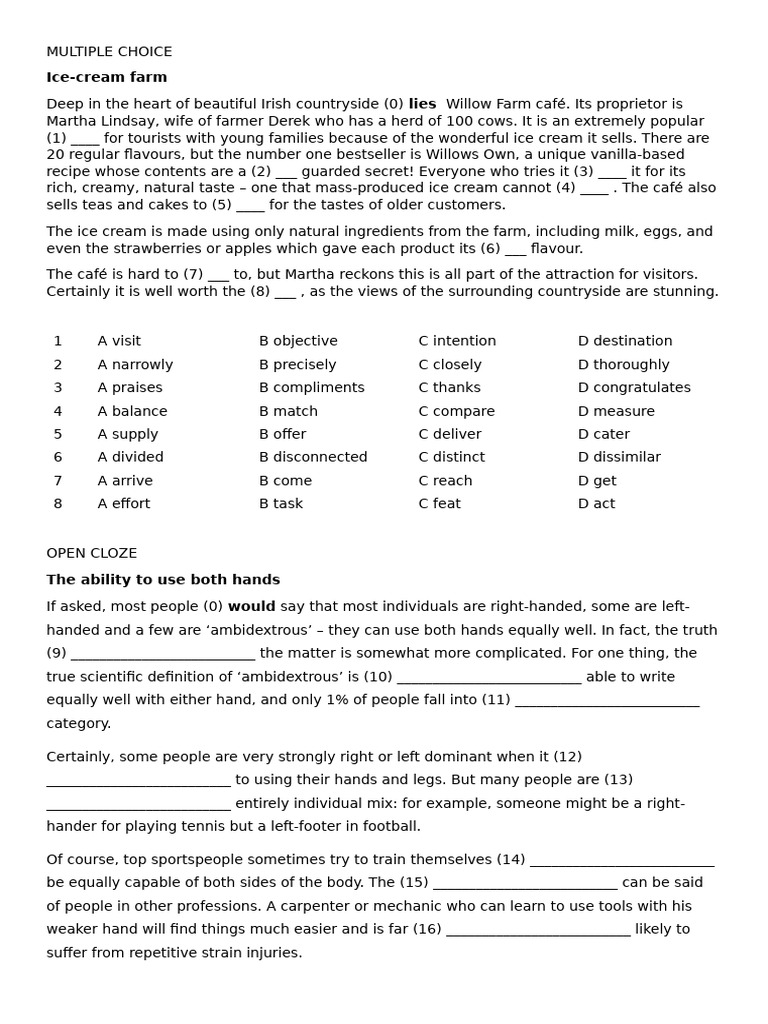 Multiple Choice + Open Cloze B2 | PDF | Ice Cream