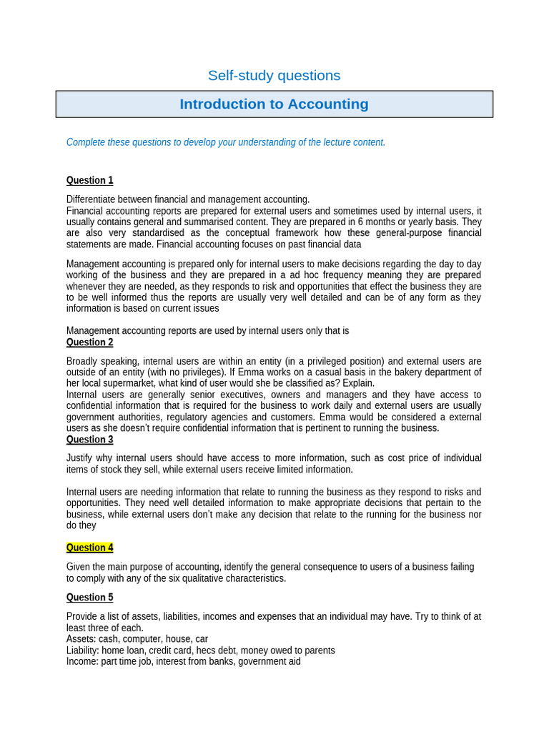 Topic 1 Self-Study Questions Notes | PDF | Income | Expense