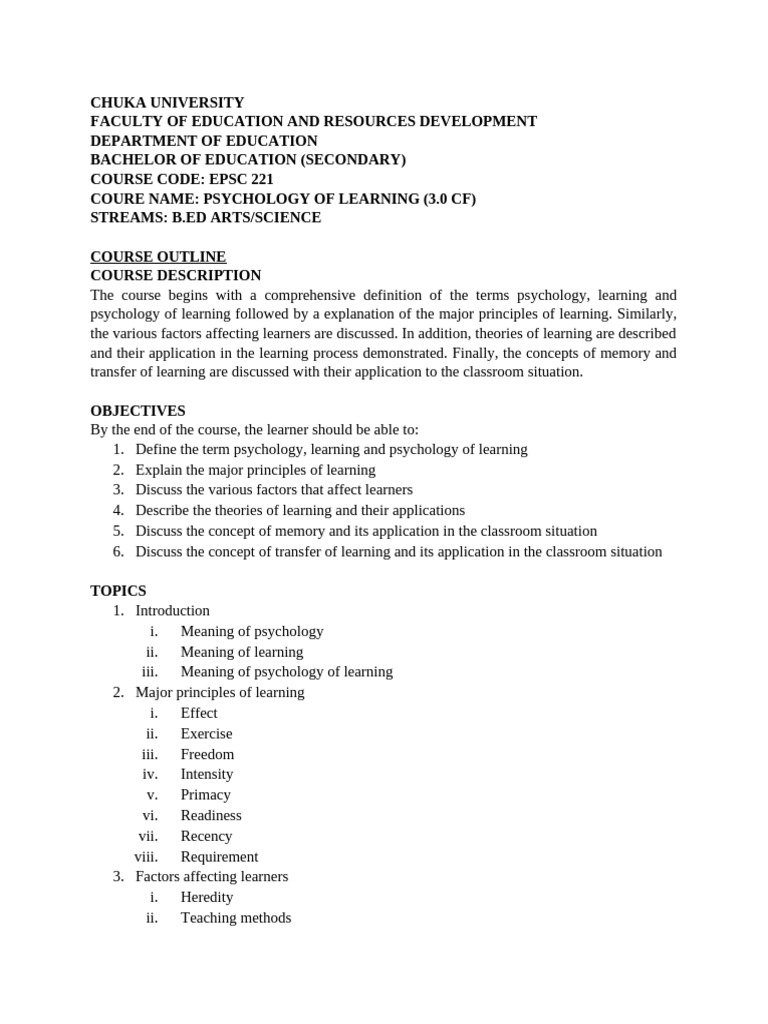 Psychology of Learning Course Outline | PDF | Learning | Psychology