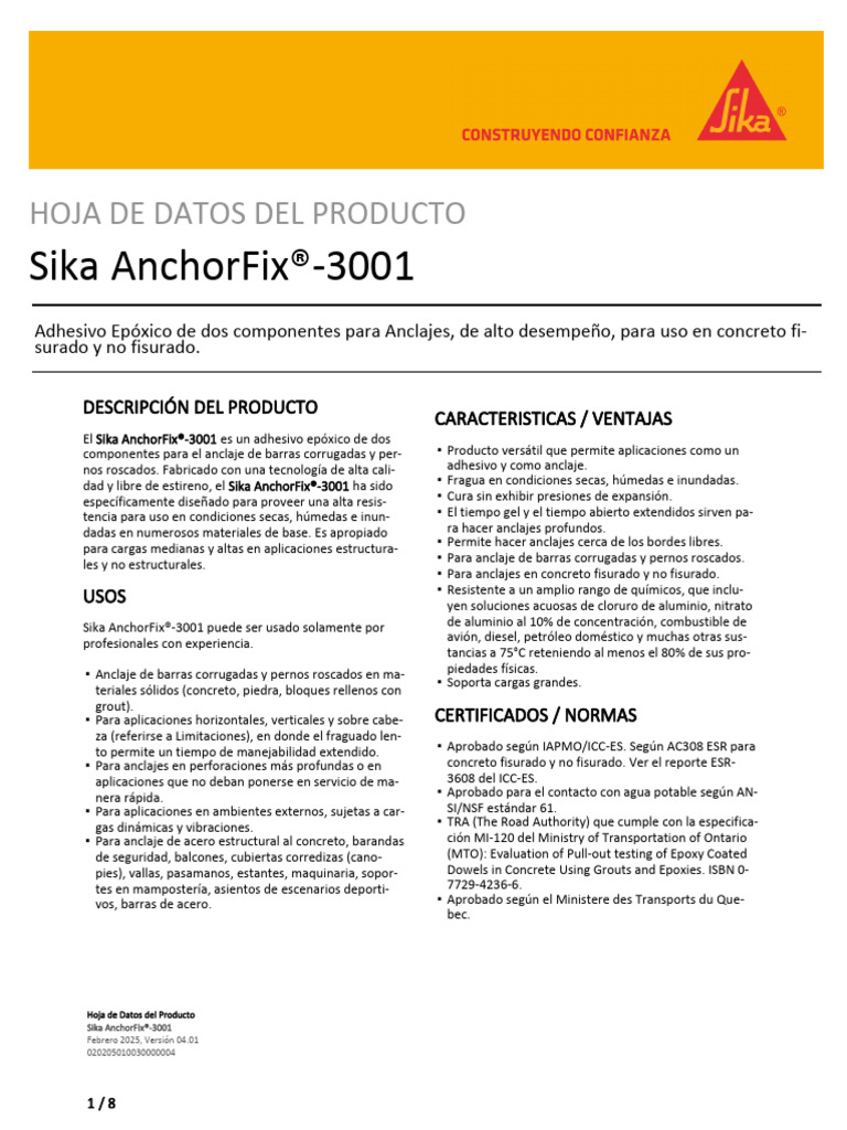 Sika Anchorfix - 3001 | PDF | Perforación | Hormigón