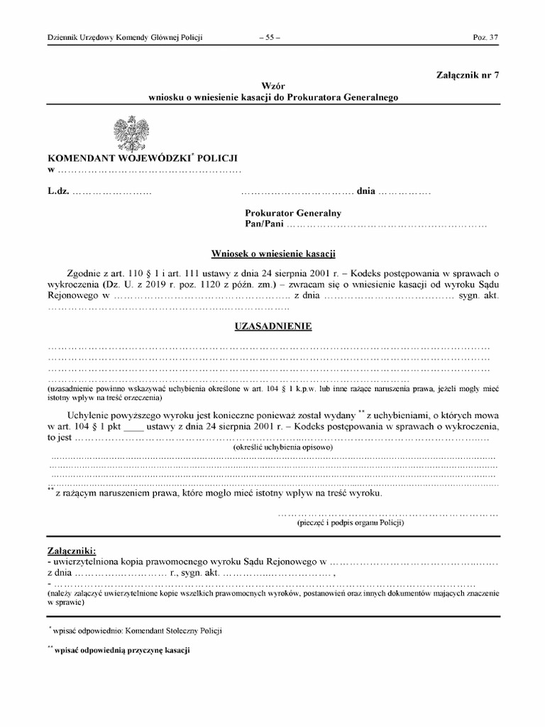 Zal NR 7 Do Wytycznych NR 3 Wzor Wniosku o Wniesienie Kasacji Do Prokuratora Generalnego | PDF