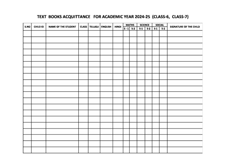 Class 6,7 Text Books Acquittance for Academic Year 2024-25 (Class-6 ...