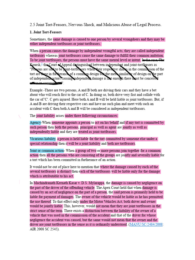 2.5 Joint Tort-Feasors, Nervous Shock and Malicious Abuse of Legal Process. | PDF | Tort | Damages