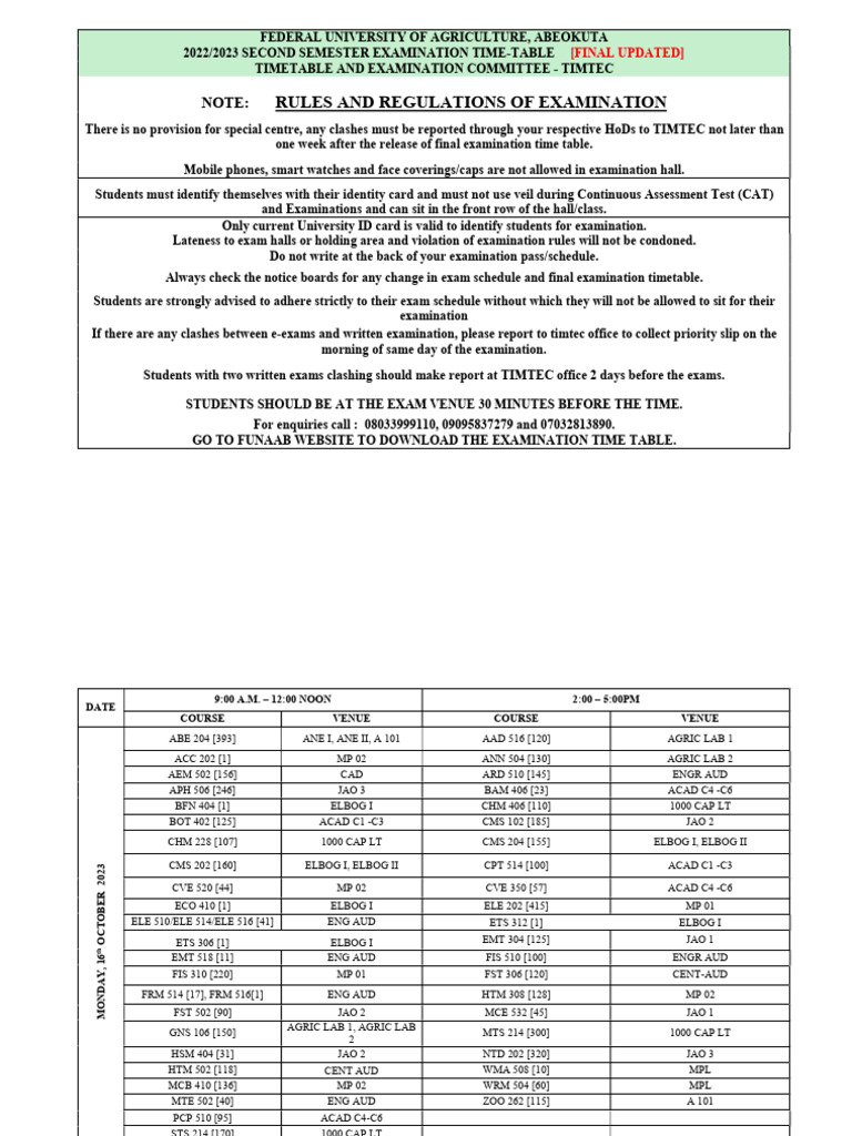 FUNAAB 2022/2023 Exam Timetable | PDF | Tests | Educational Assessment ...