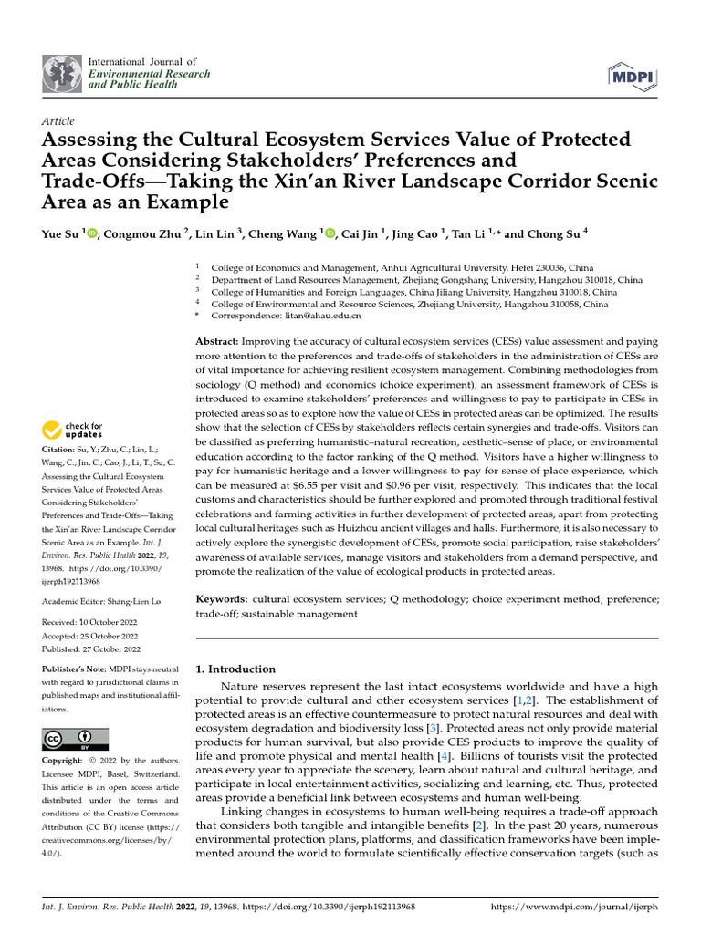 Assessing The Cultural Ecosystem Services Value of Protected Areas Considering Stakeholders ...