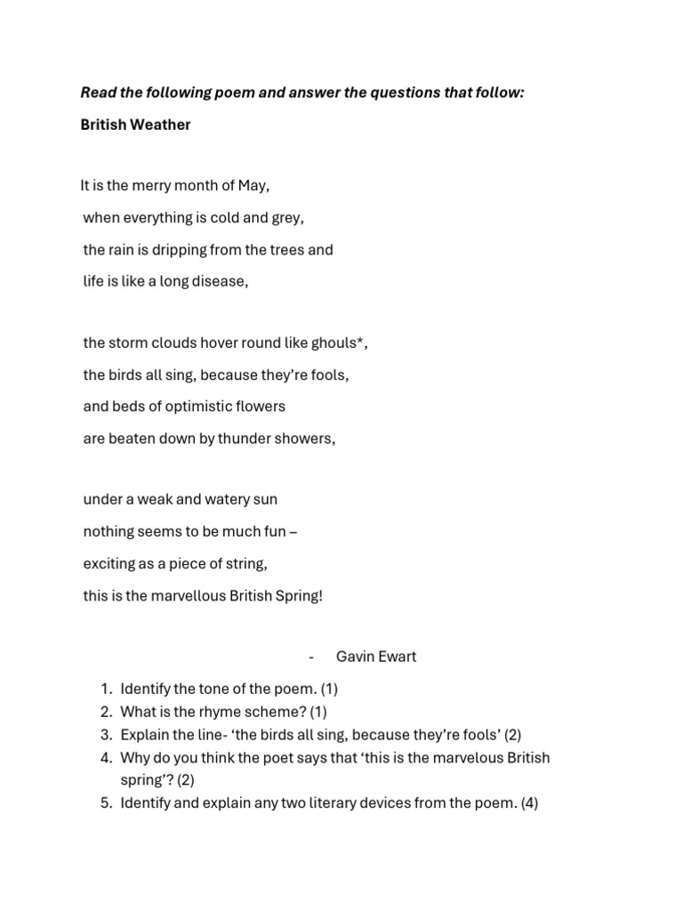 British Weather: Poem Analysis for Grade 6 | PDF