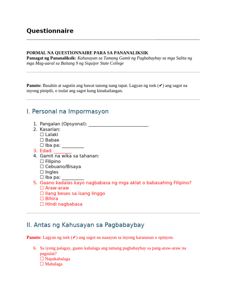 Questionnaire at Guide Questions | PDF