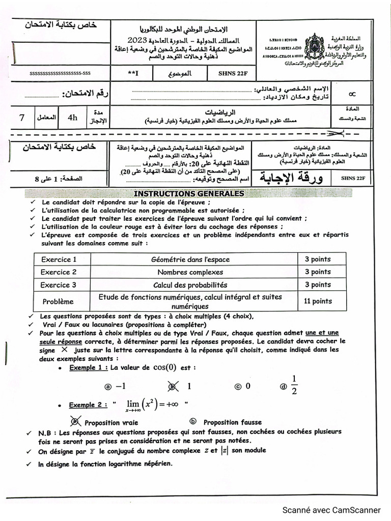 Examen Adapté Maths 2 Bac PC - SVT | PDF