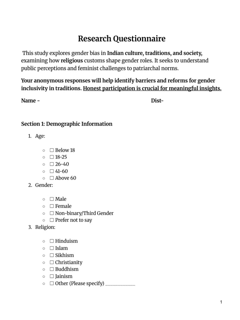 Questioner For Reseach | PDF | Gender Studies | Gender