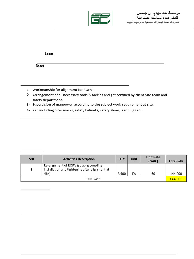 Quotation Installation and Alignment of ROPV@ Rabigh - (Energya) | PDF