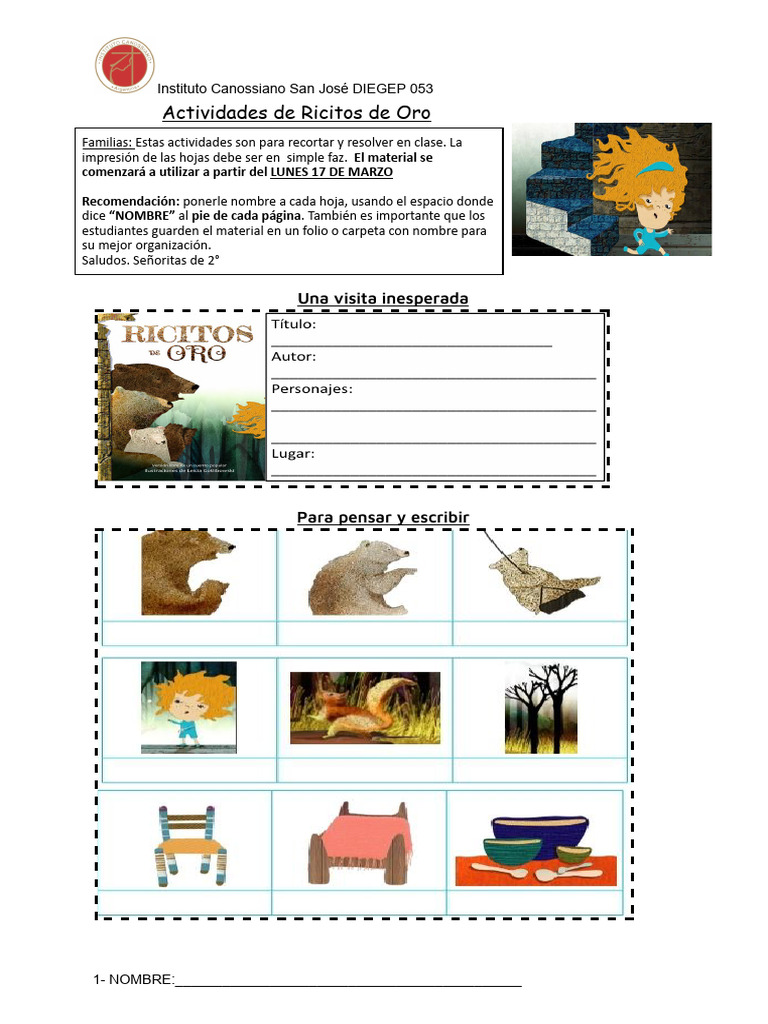 Actividades de Ricitos de Oro para imprimir 2°Ay B- ICSJ- | PDF