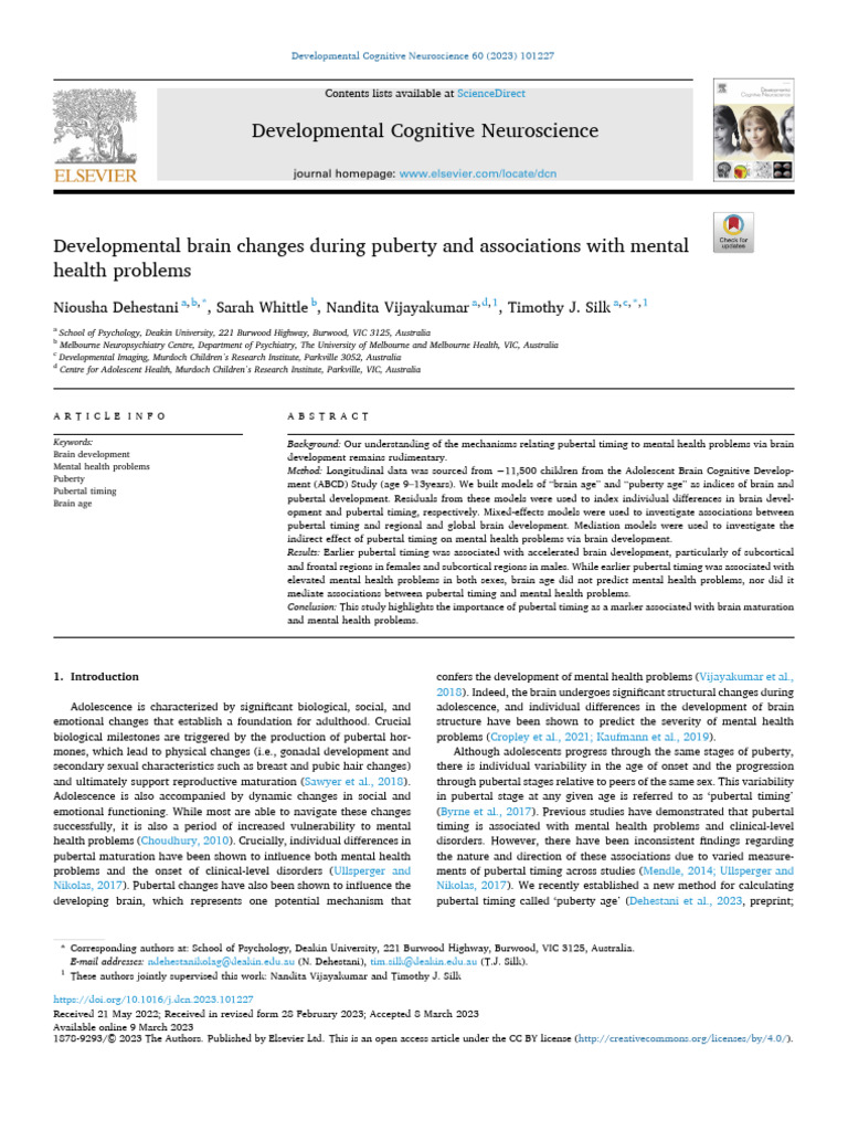 Developmental Brain Changes During Puberty and Ass - 2023 - Developmental Cognit | PDF | Puberty ...