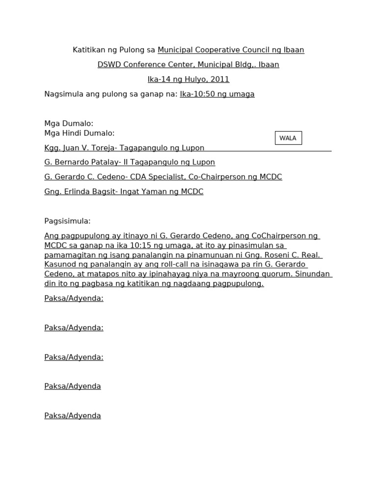 Katitikan NG Pulong Sa Municipal Cooperative Council NG Ibaan (Output2 ...