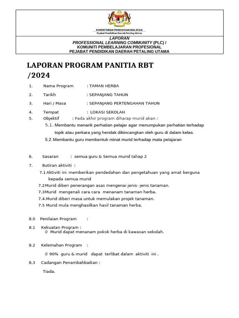 Laporan Program Panitia RBT Taman Herba 2024 | PDF
