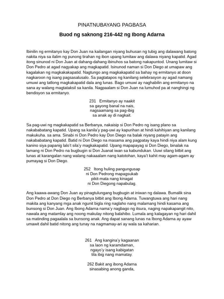 Buod NG Saknong 216-442 NG Ibong Adarna | PDF