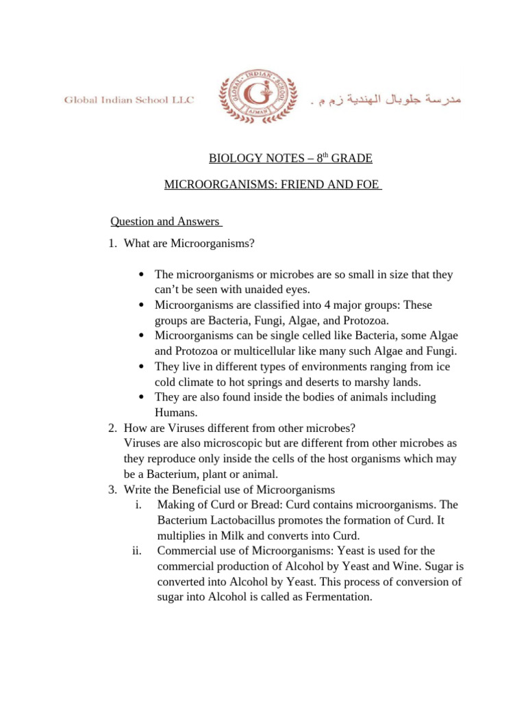 NOTES - GR 8 Microorganisms Friend and Foe | PDF | Microorganism | Bacteria