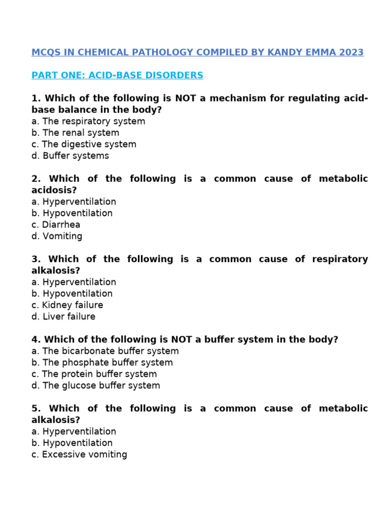 MCQs on Acid-Base Disorders in Pathology | PDF | Physiology | Medical ...