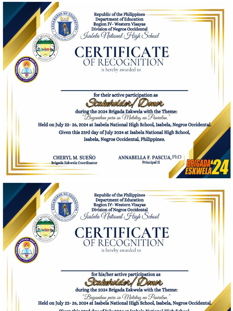 Brigada Eskwela 2024 Certificate | PDF