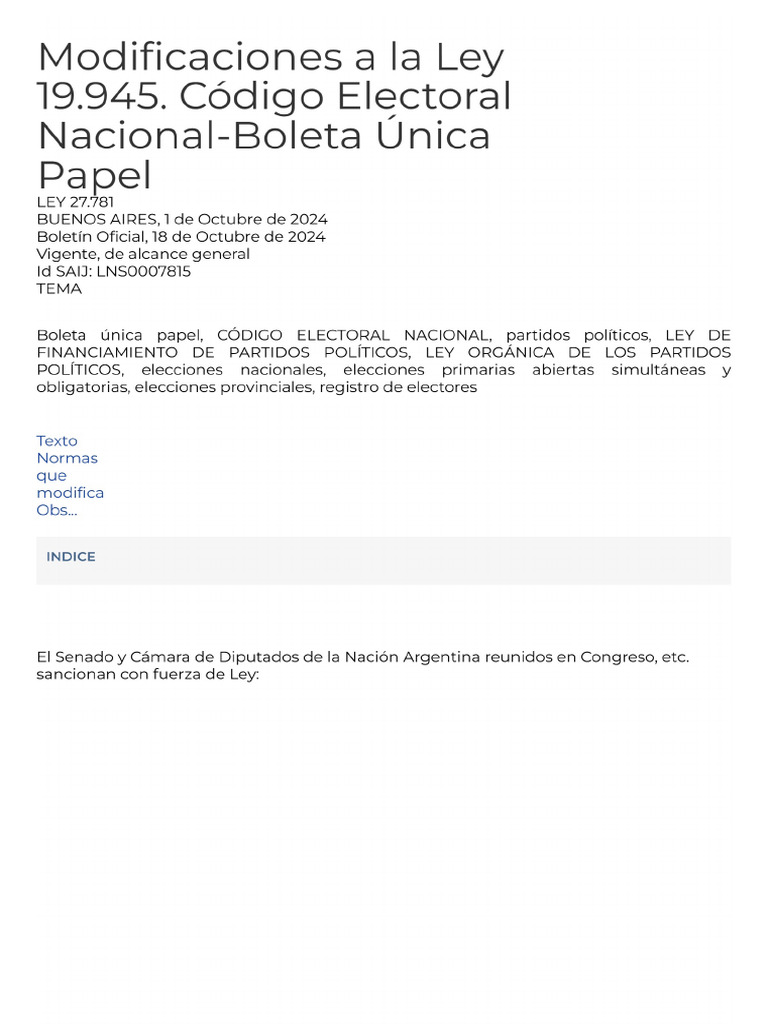 Modificaciones A La Ley 19.945. Código Electoral Nacional-Boleta Única Papel | PDF