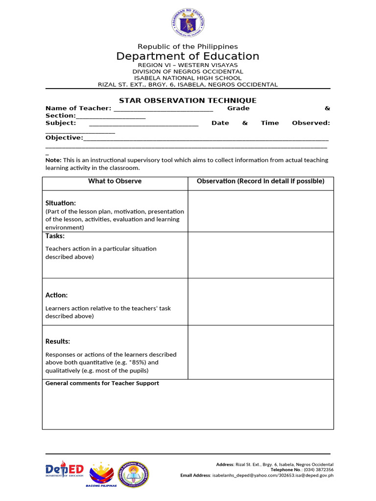STAR Observation Template | PDF | Teachers | Lesson Plan