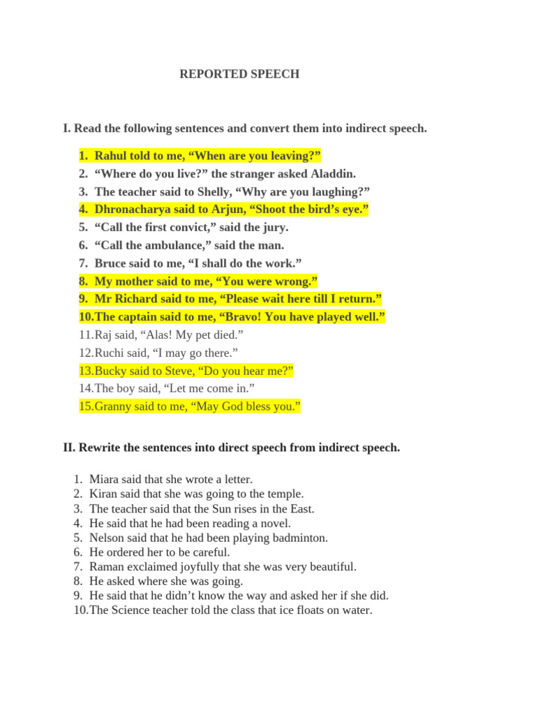 Grade 8 Reported Speech Worksheet | PDF