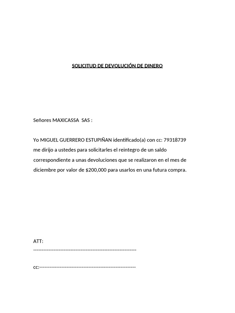 Solicitud de Devolucion de Dinero | PDF