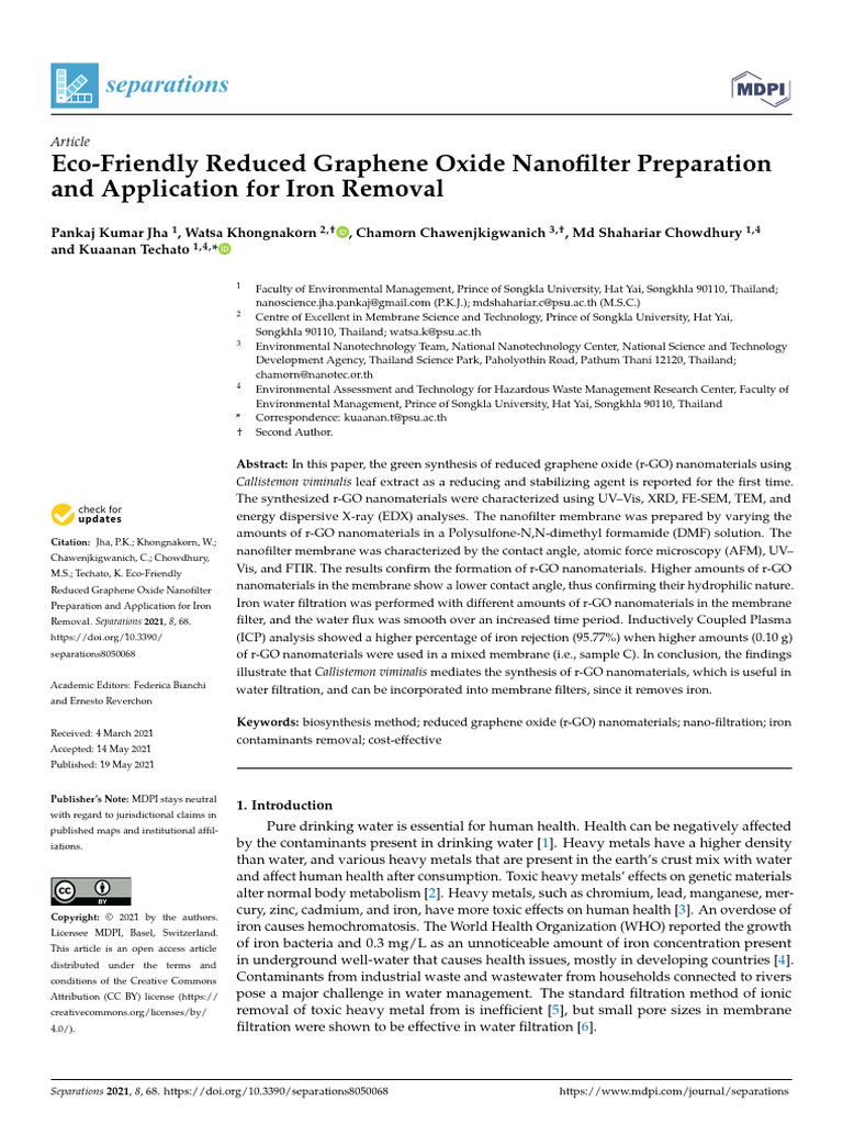Eco-Friendly Reduced Graphene Oxide Nanofilter Preparation and ...