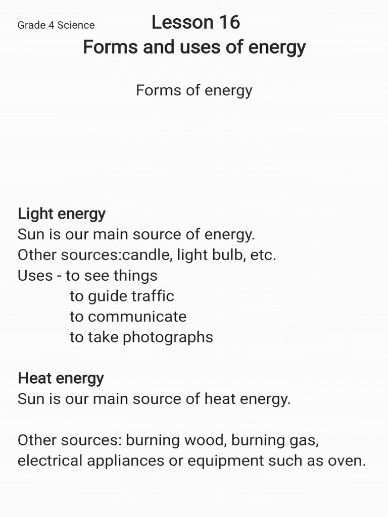 Lesson 16 Forms and Uses of Energy Grade 4 | PDF