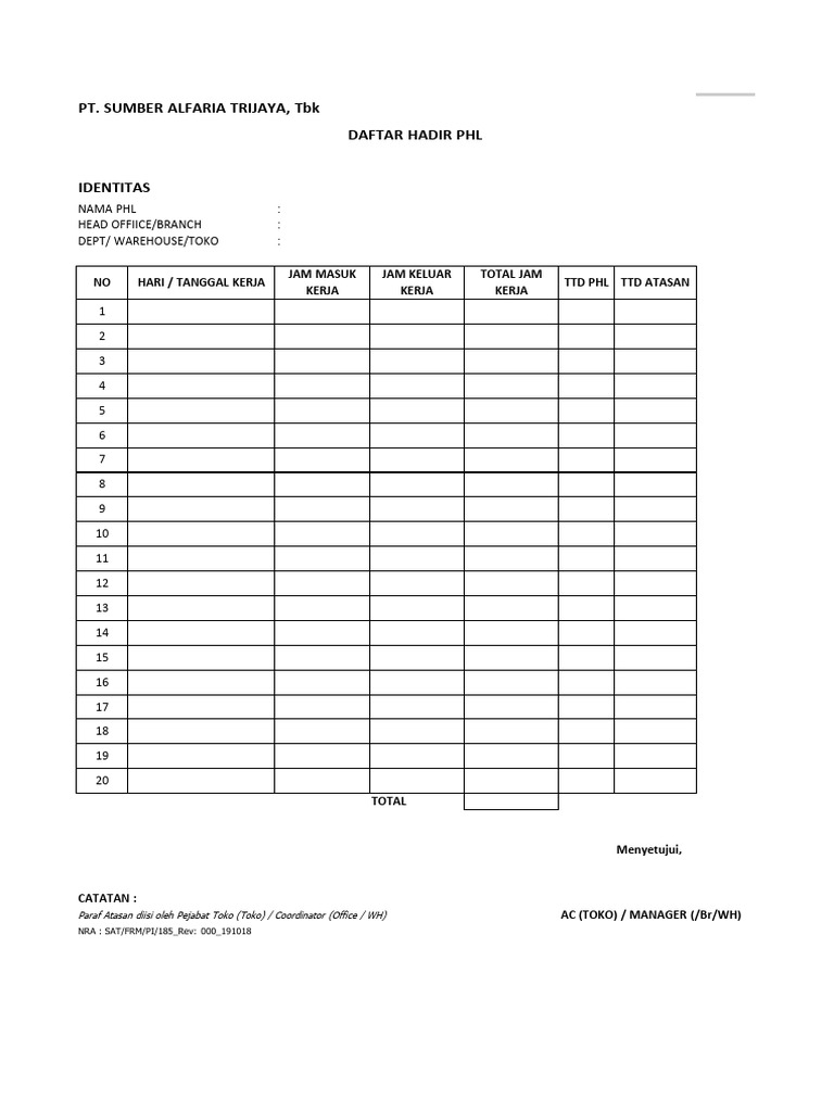 FORM PRESENSI PHL TOKO | PDF