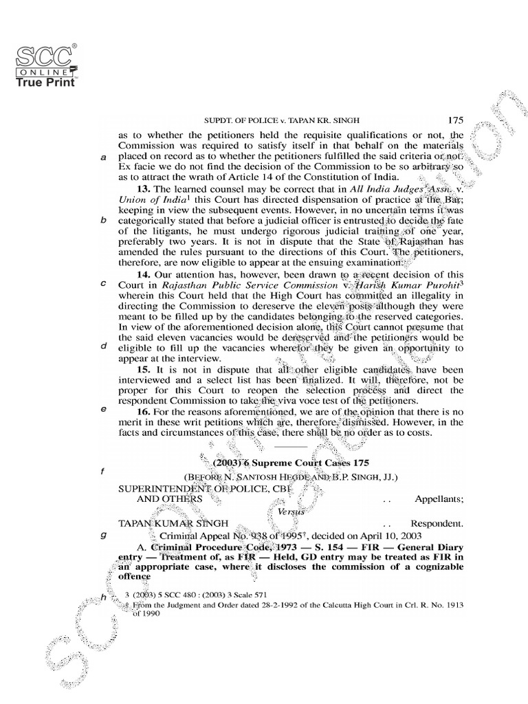 CBI v. Tapan Kumar Singh, (2003) 6 SCC 175 | PDF | Public Law | Separation Of Powers