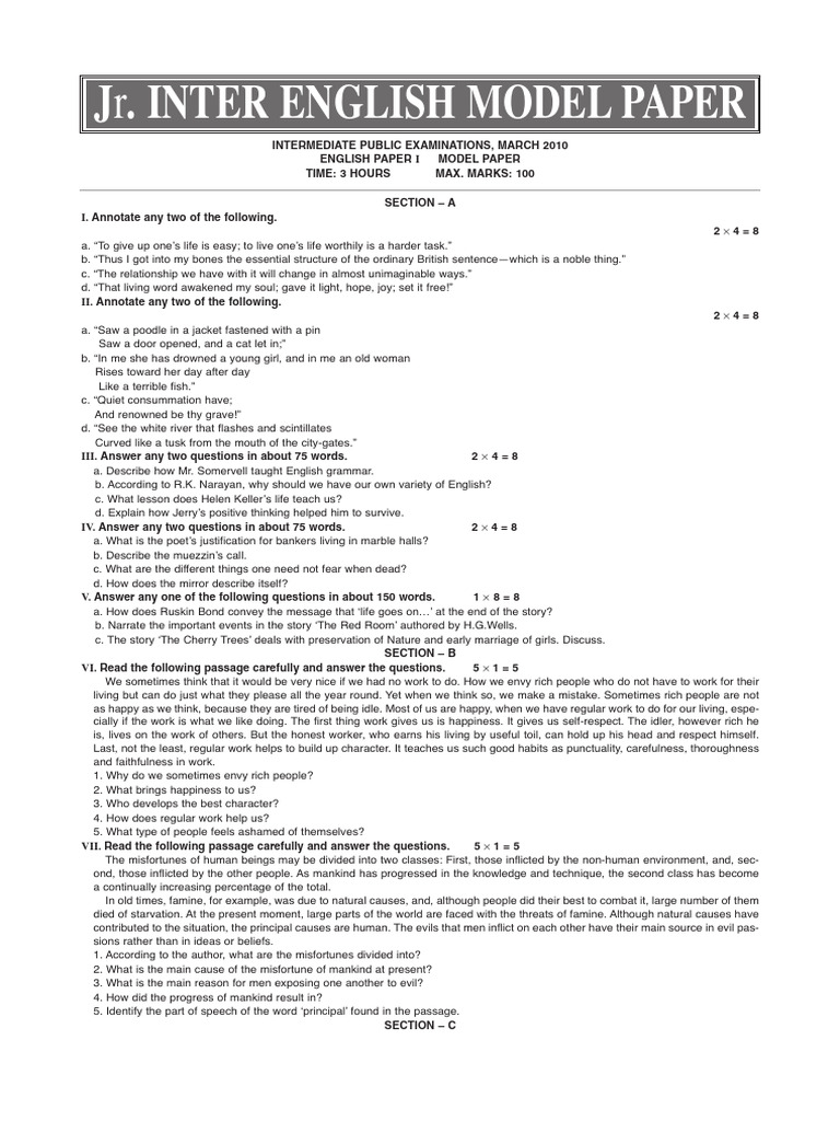 Intermediate Public Exam English Model Paper | PDF | Grammar | Syntax