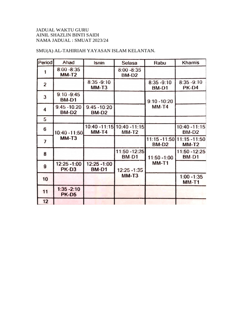 JADUAL WAKTU GURU | PDF