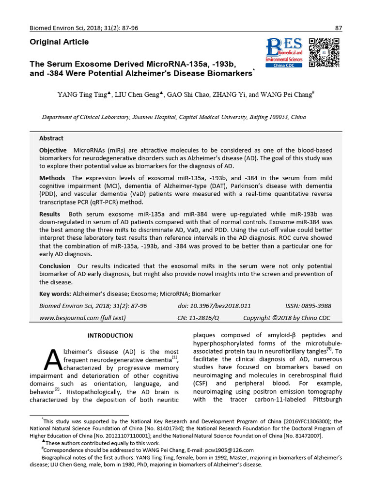 Artigo 1 - The Serum Exosome Derived MicroRNA-135a, -193b, And -384 Were Potential Alzheimer_s ...
