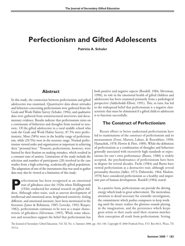 Schuler 2000 Perfectionism and Gifted Adolescents | PDF | Perfectionism ...