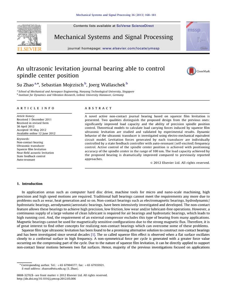 An ultrasonic levitation journal bearing able to control spindle center ...