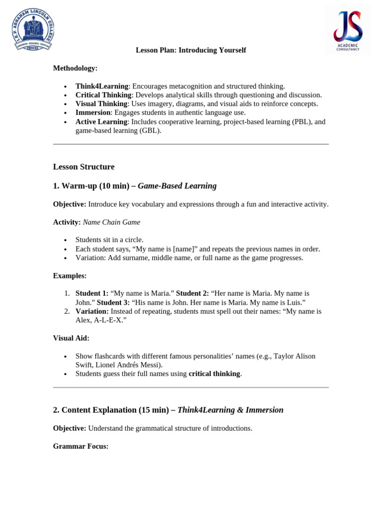 Lesson Plan - Introducing Yourself | PDF | Learning | Teaching