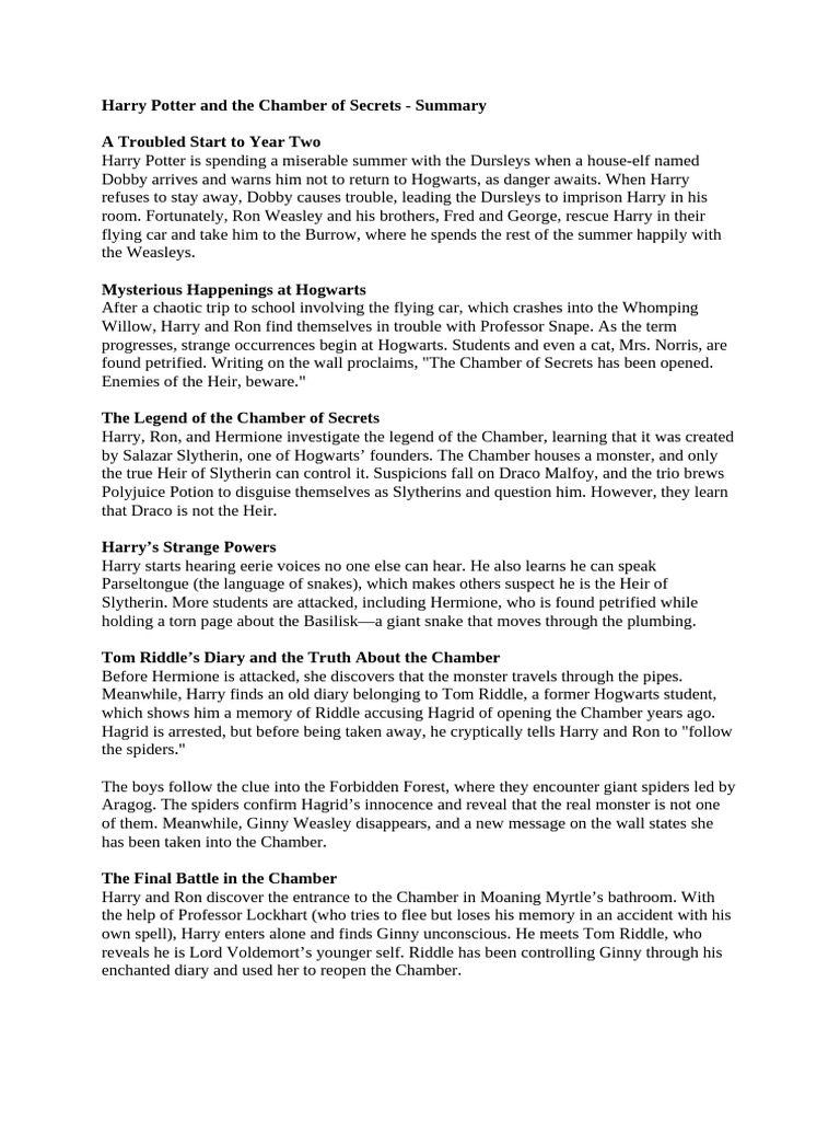 Chamber of Secrets Summary and Themes | PDF | Mythography | J. K. Rowling