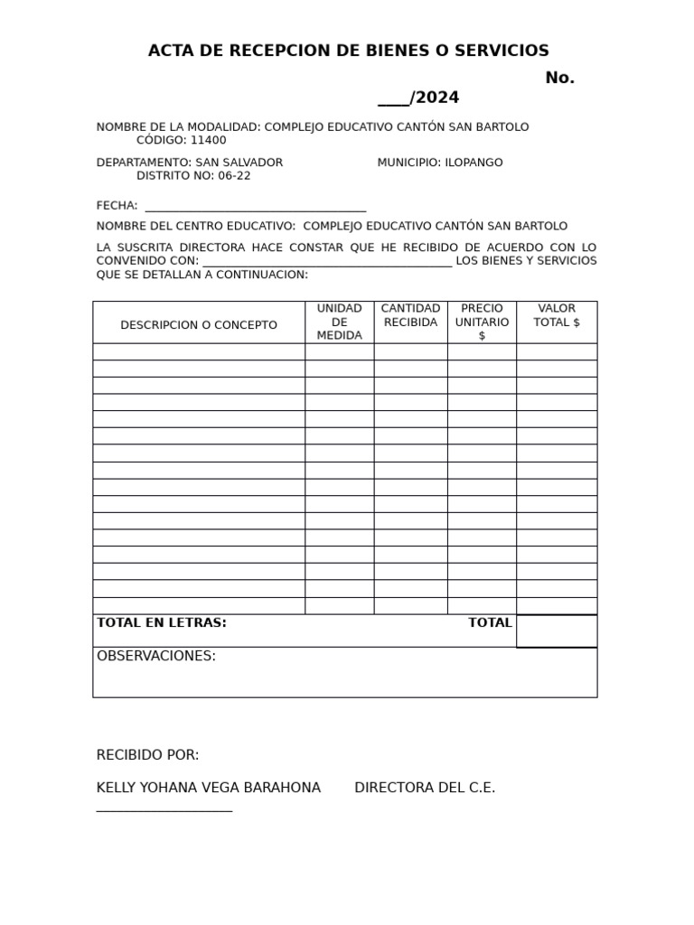 Acta de Recepcion de Bienes y Servicios | PDF