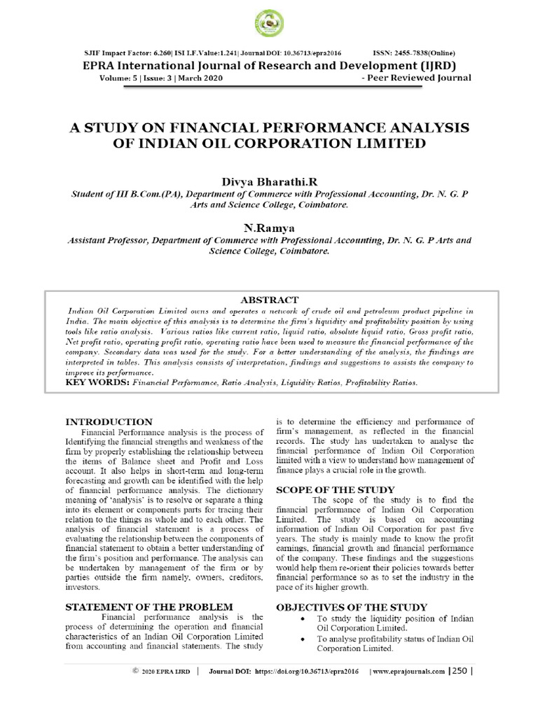 A STUDY ON FINANCIAL PERFORMANCE ANALYSIS OF INDIAN OIL CORPORATION ...