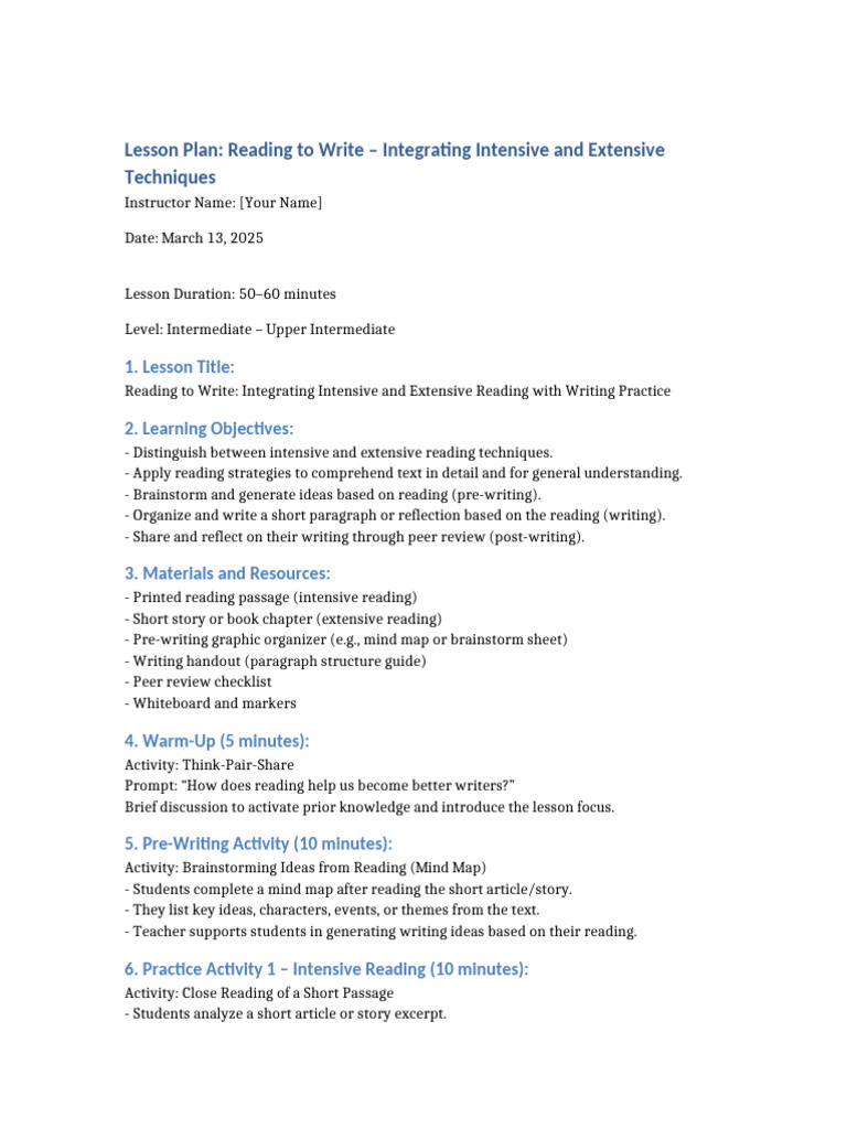 Reading Writing Lesson Plan | PDF | Peer Review | Lesson Plan