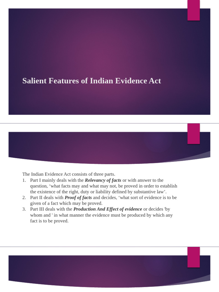 Salient Features of Indian Evidence Act | PDF | Evidence (Law) | Evidence