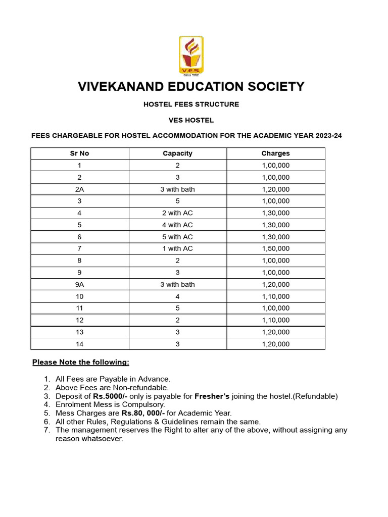VES Hostel Fees Structure 2023-24 | PDF