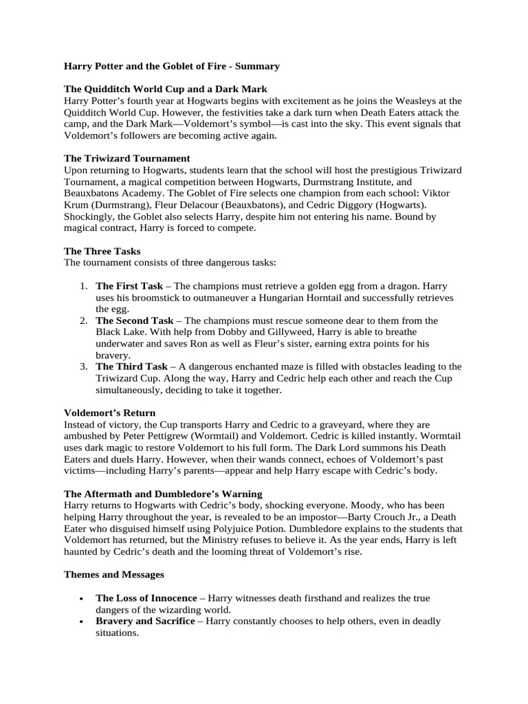 Goblet of Fire Summary and Themes | PDF | Harry Potter | Contemporary ...