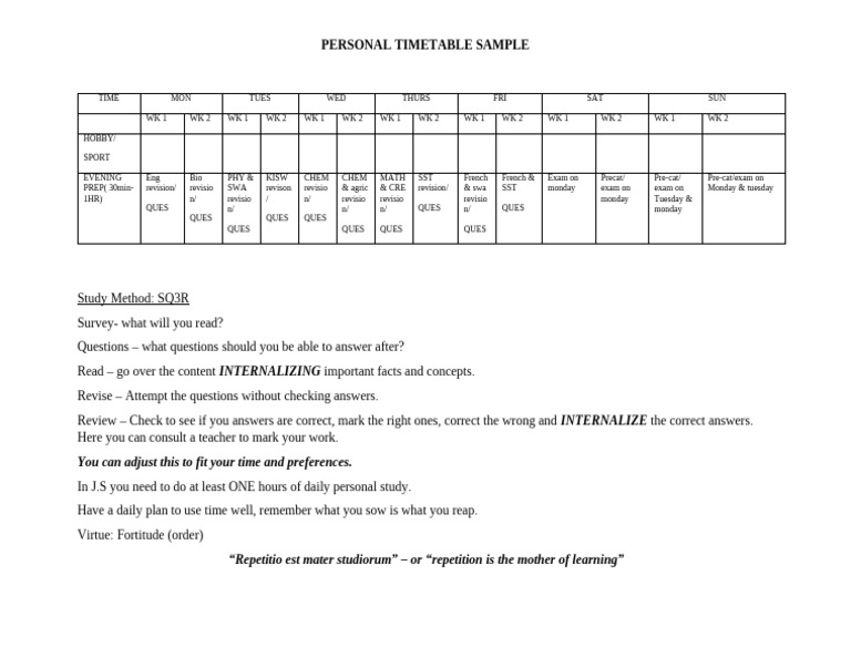 Time Table Sample | PDF