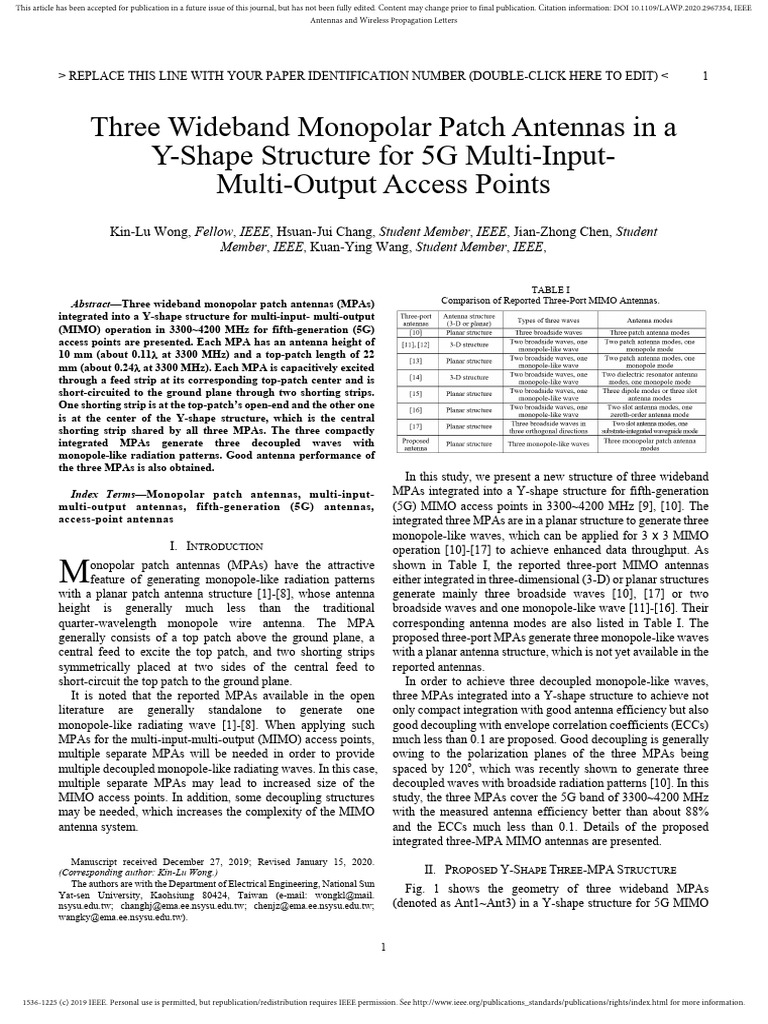 Three Wideband Monopolar Patch Antennas in A Y-Shape Structure For 5G Multi-Input-Multi-Output ...