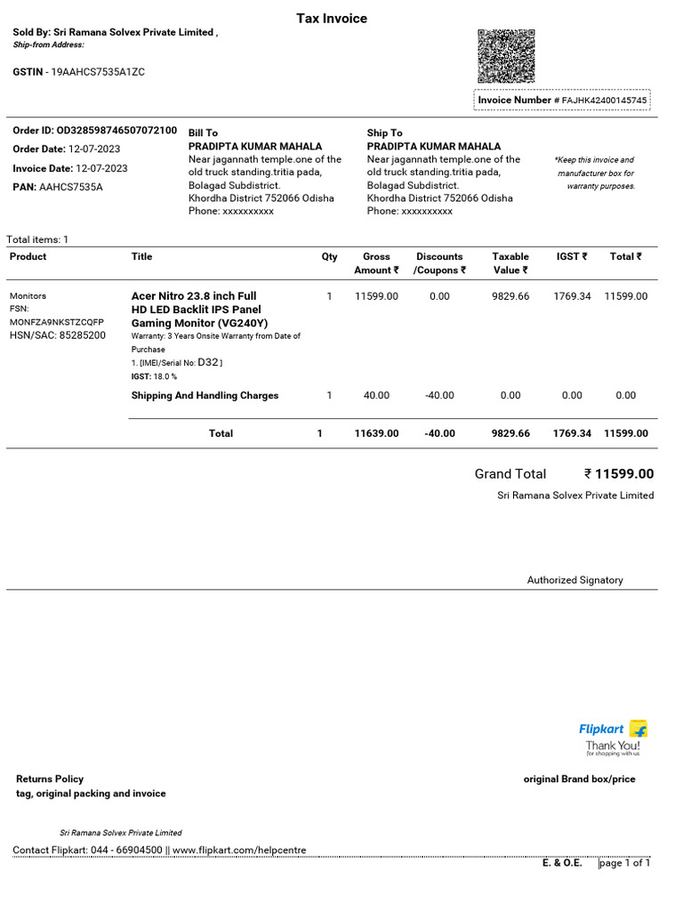 Invoice for Acer Nitro Gaming Monitor | PDF | Payments | Taxes